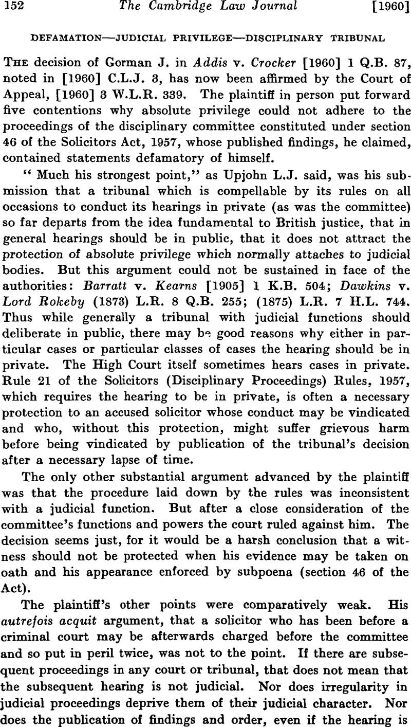 Defamation—Judicial Privilege—Disciplinary Tribunal | The Cambridge Law ...