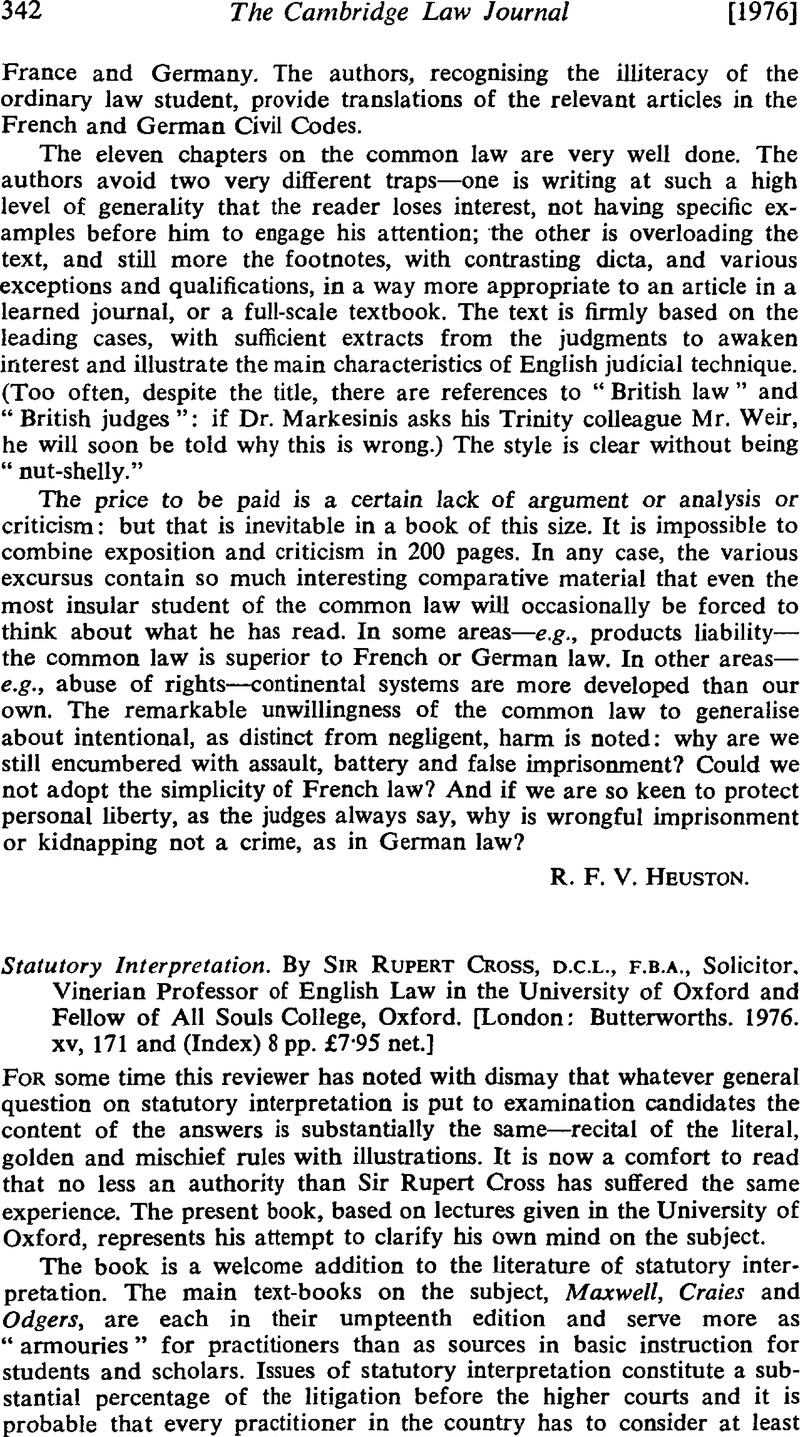 Statutory Interpretation. By SirRupert Cross, D.C.L., F.B.A., Solicitor ...