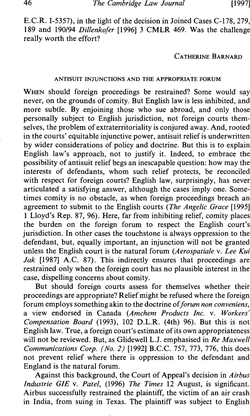 Antisuit Injunctions and the Appropriate Forum | The Cambridge Law ...