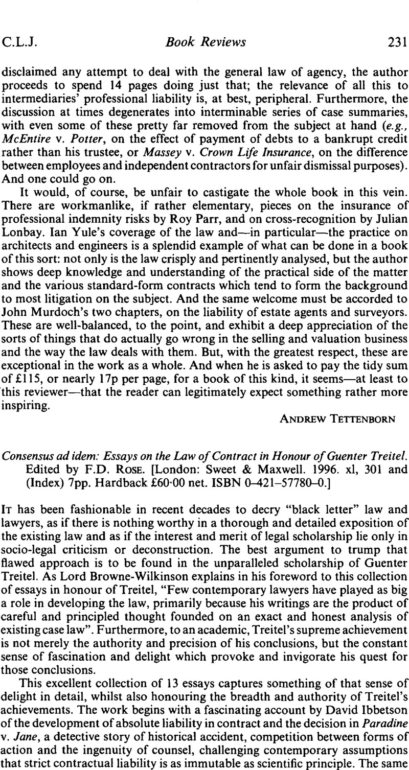 Consensus ad idem: Essays on the Law of Contract in Honour of Guenter ...