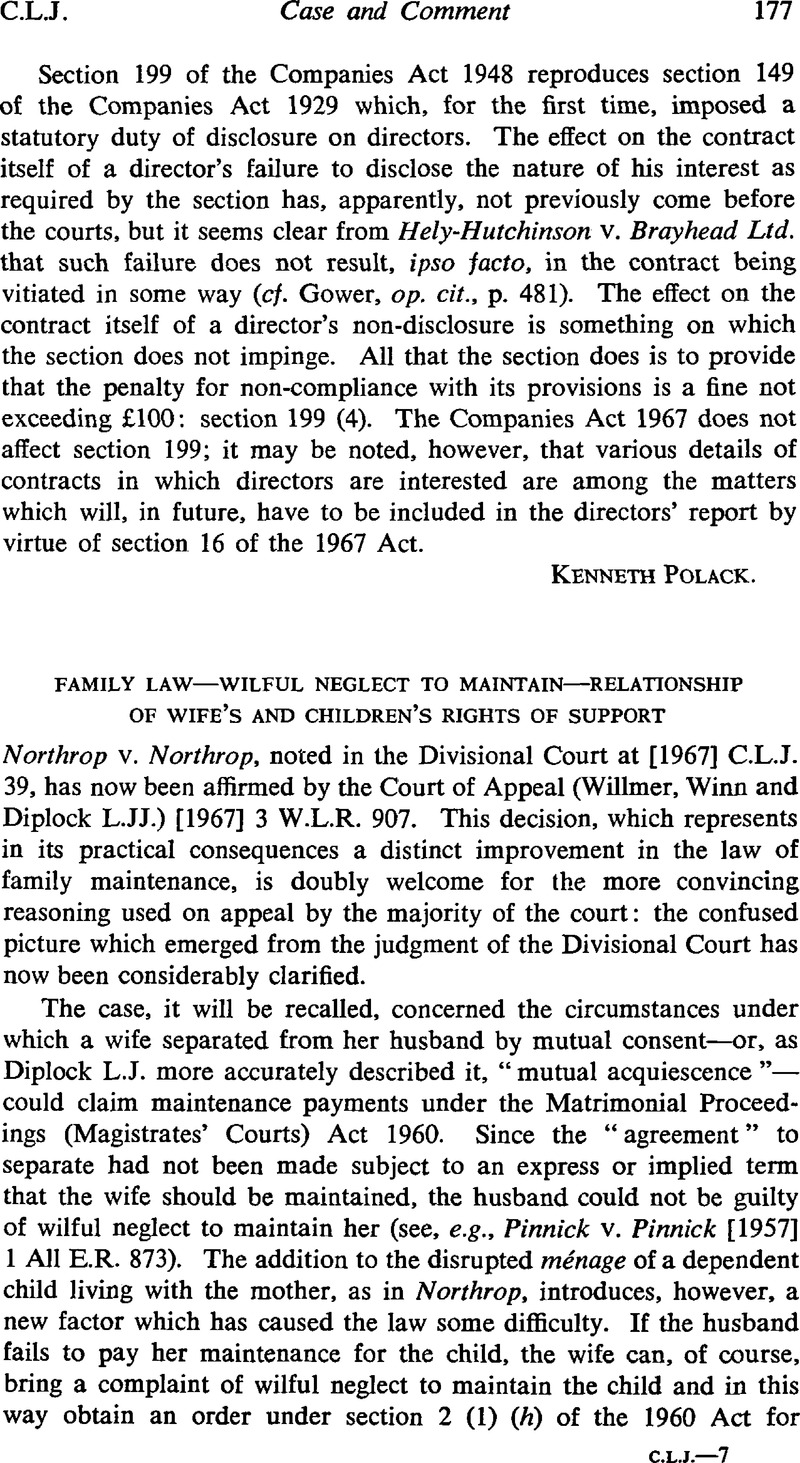 Family Law—Wilful Neglect to Maintain—Relationship of Wife's and ...