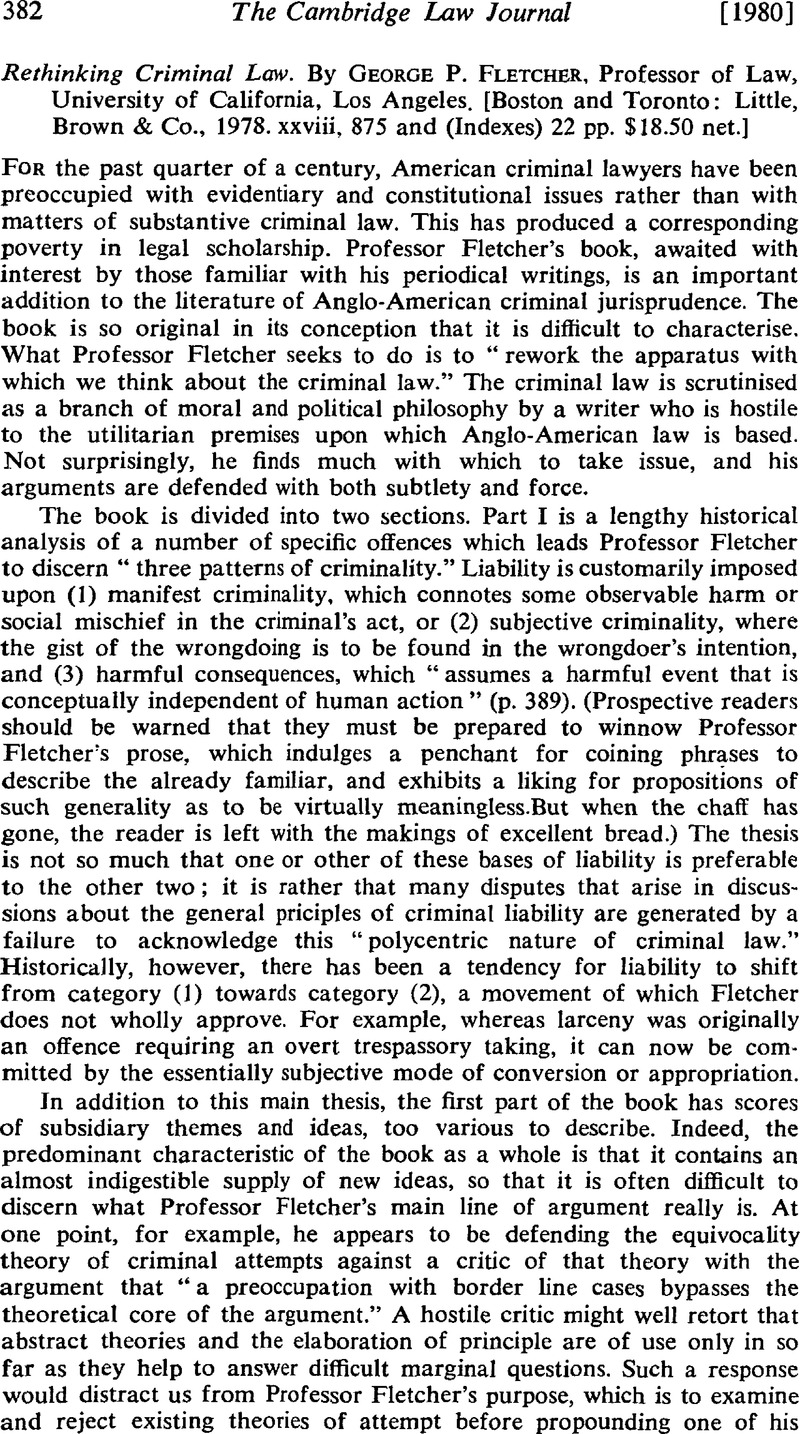 Rethinking Criminal Law. By George P. Fletcher, Professor of Law ...