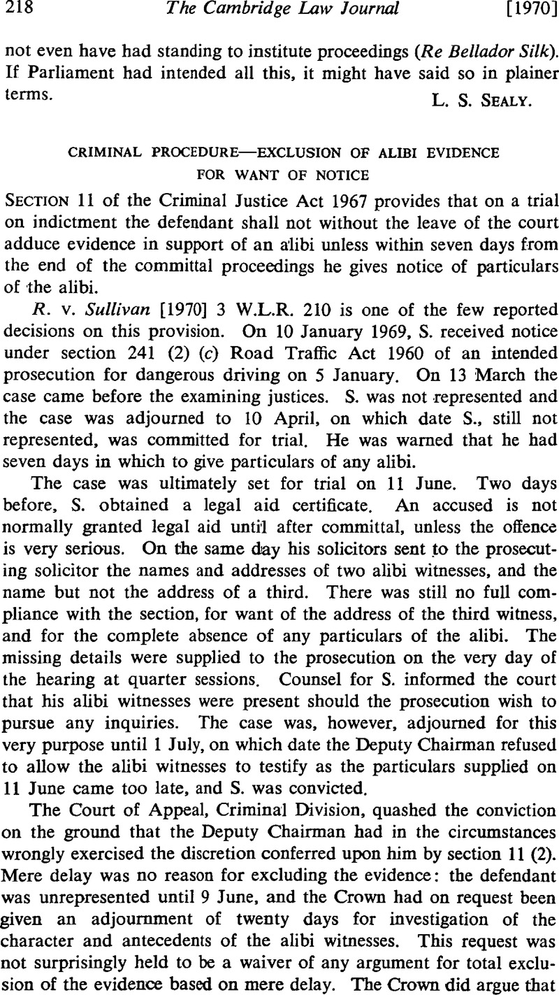 Criminal Procedure—Exclusion of Alibi Evidence for Want of Notice | The ...
