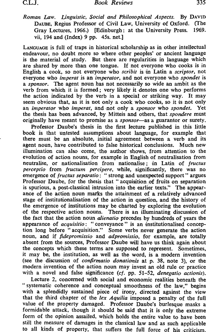 Roman Law. Linguistic, Social and Philosophical Aspects. By David Daube ...