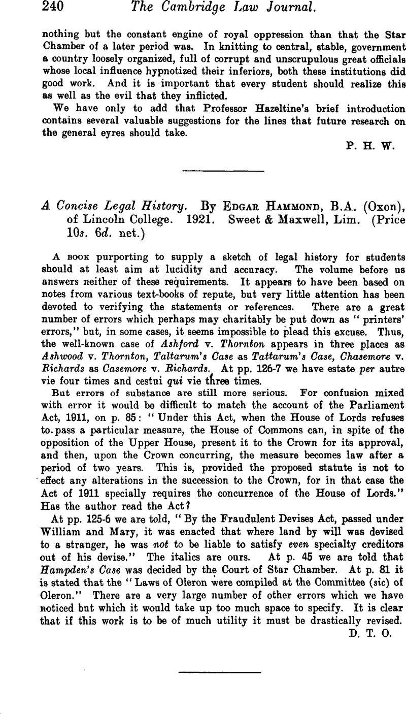 A Concise Legal History. By Edgar Hammond, B.A. (Oxon), of Lincoln ...