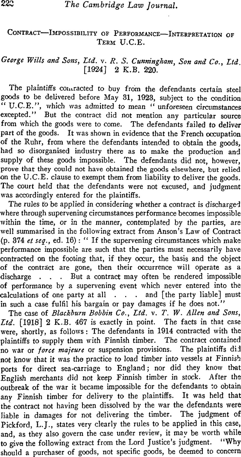 Contract—Impossibility of Performance—Interpretation of Term U.C.E ...