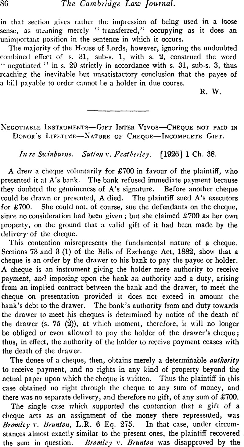 Negotiable Instruments—Gift Inter Vivos—Cheque not paid in Donor's ...