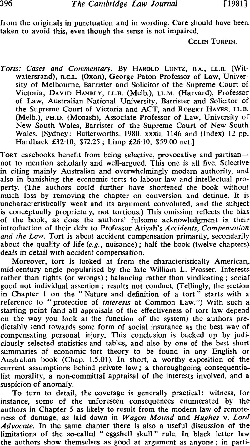 Torts: Cases and Commentary. By Harold Luntz, B.A., LL.B ...