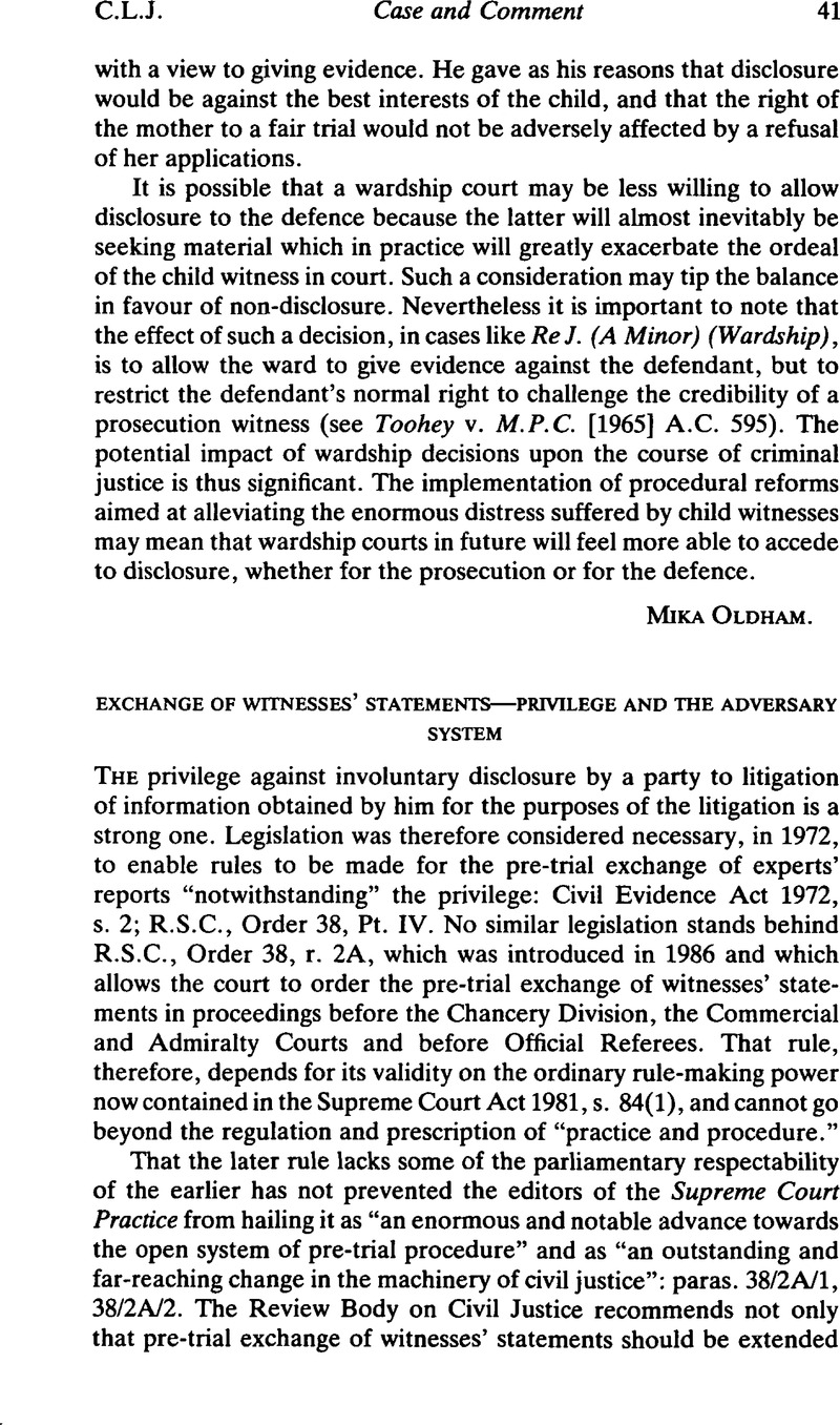 Exchange of Witnesses' Statements—Privilege and the Adversary System ...