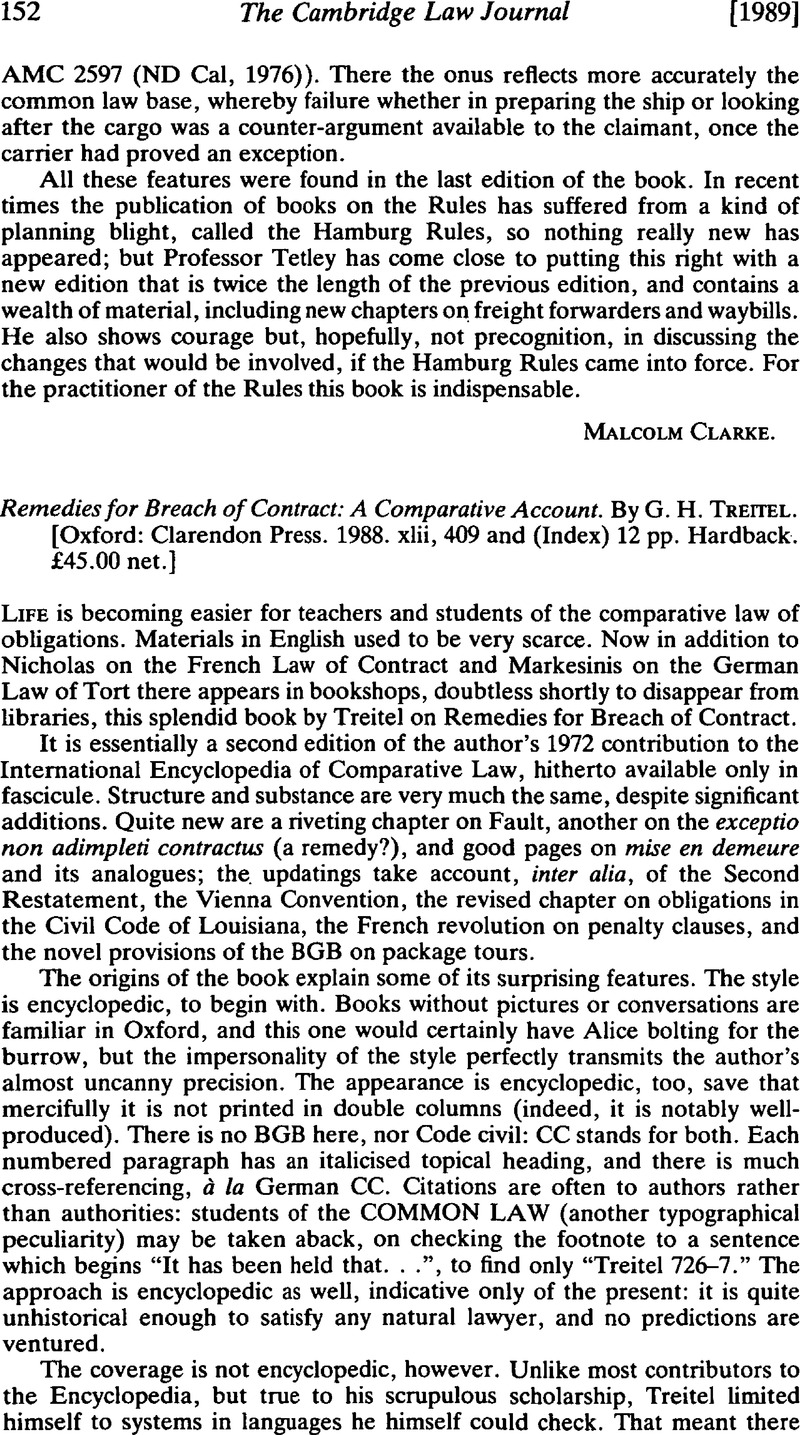 Remedies for Breach of Contract: A Comparative Account. By G. H ...