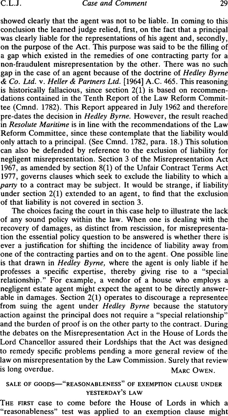 Sale of Goods—“Reasonableness” of Exemption Clause Under Yesterday's ...