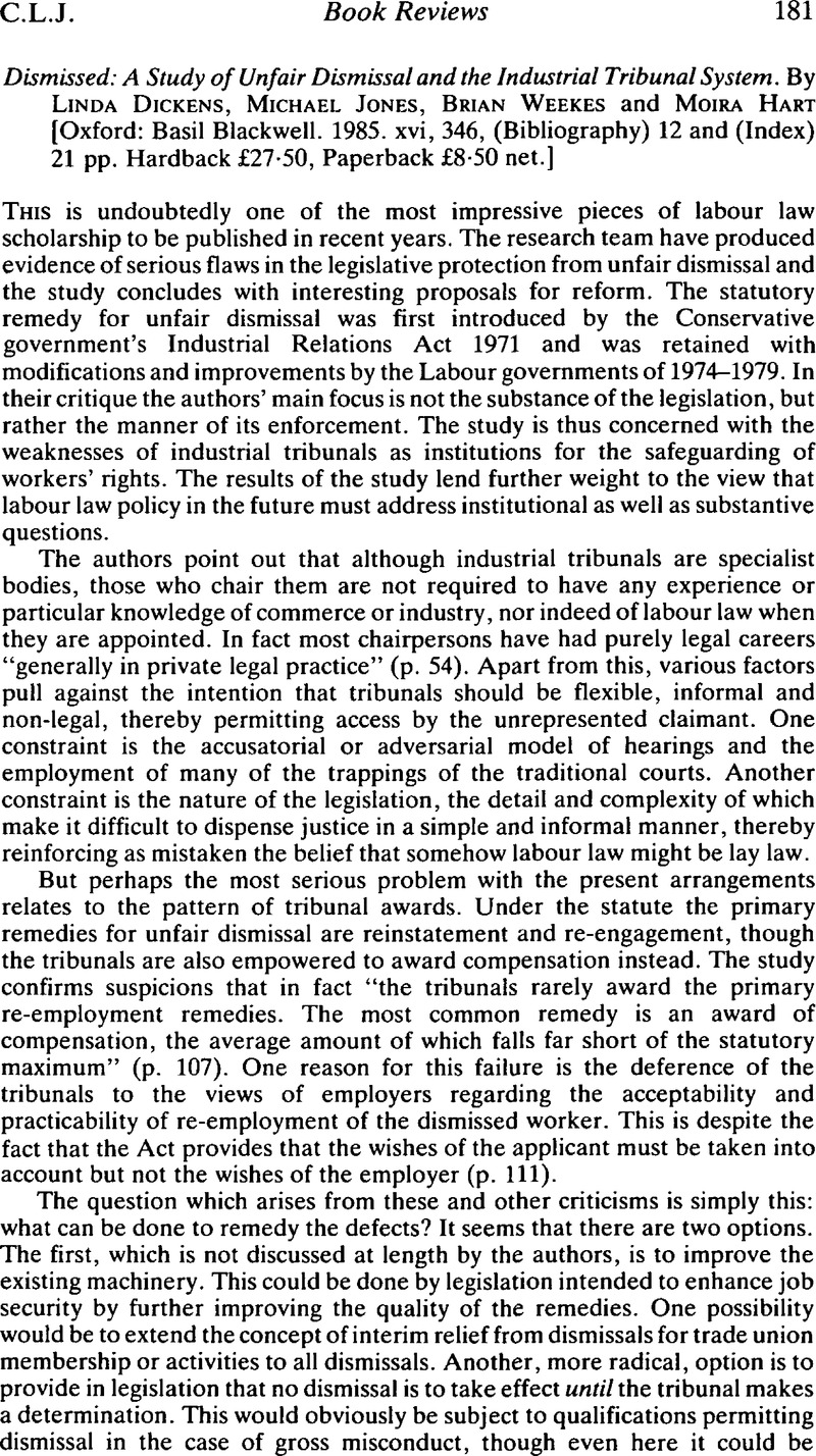 Dismissed: A Study of Unfair Dismissal and the Industrial Tribunal ...