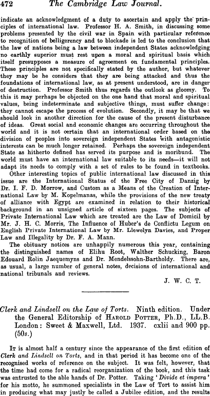 Clerk and Lindsell on the Law of Torts. Ninth edition. Under the ...