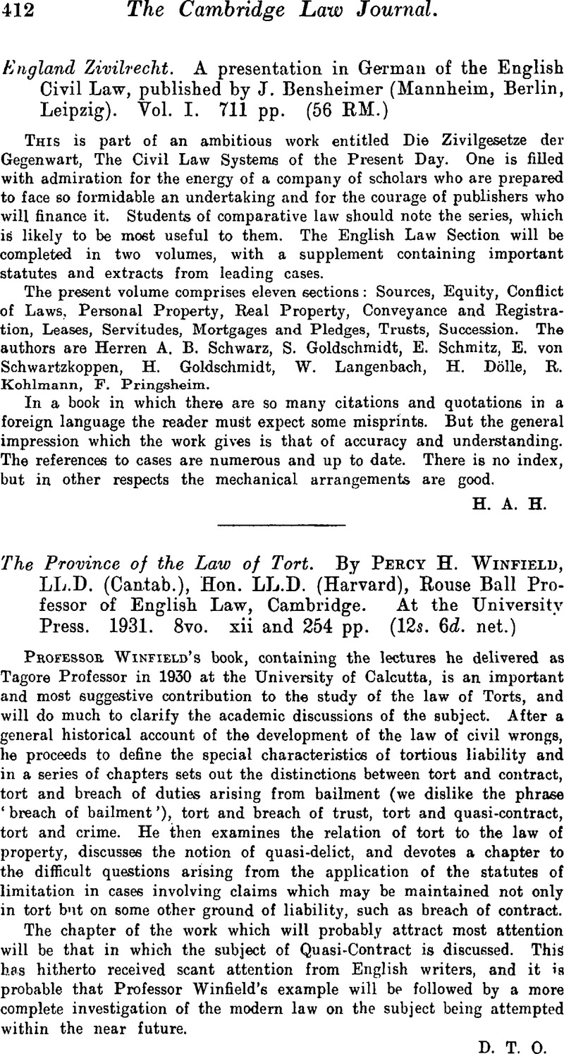The Province of the Law of Tort. By Percy H. Winfield, LL.D. (Cantab ...
