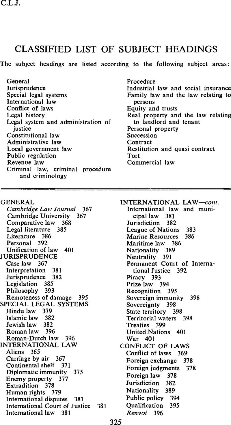 Classified list of subject headings | The Cambridge Law Journal ...