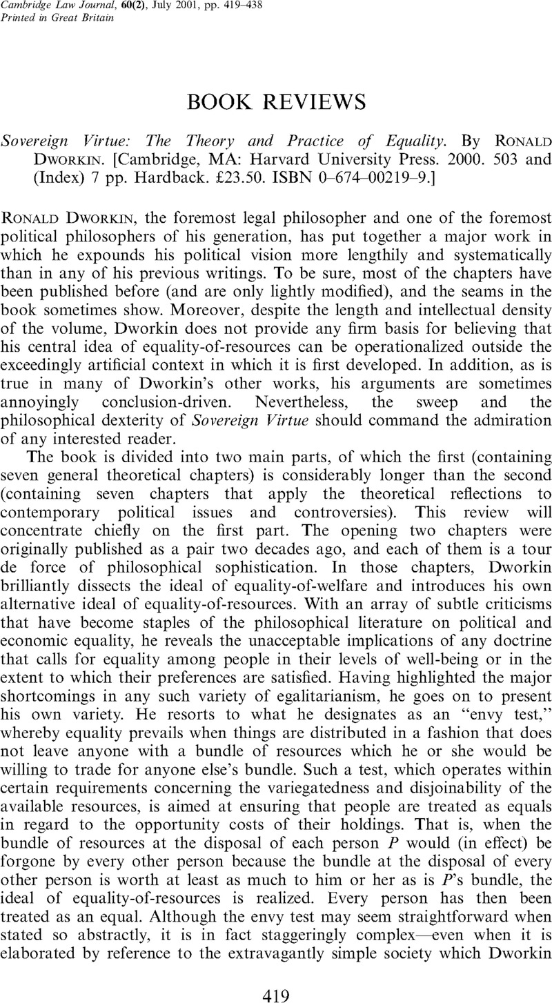 Sovereign Virtue: The Theory and Practice of Equality. By Ronald ...