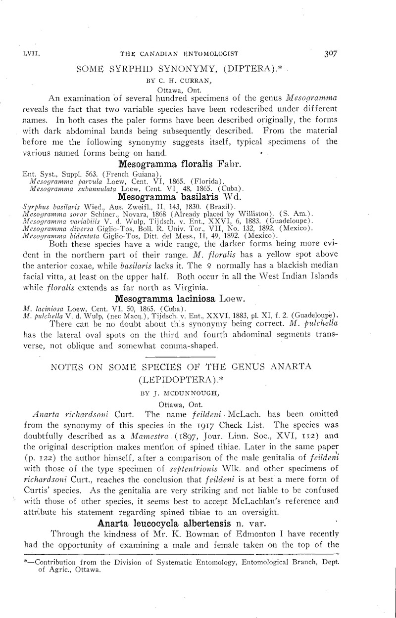 NOTES ON SOME SPECIES OF THE GENUS ANARTA (LEPIDOPTERA)* | The Canadian ...