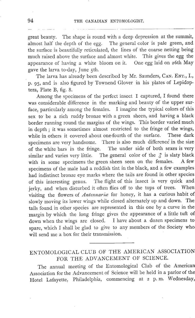 ENTOMOLOGICAL CLUB OF THE AMERICAN ASSOCIATION FOR THE ADVANCEMENT OF ...