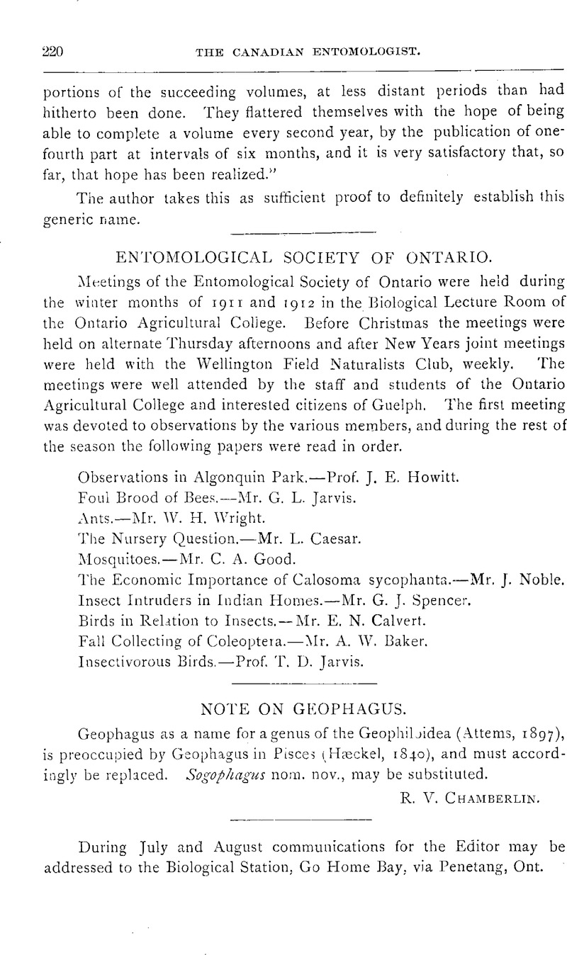 ENTOMOLOGICAL SOCIETY OF ONTARIO. | The Canadian Entomologist ...