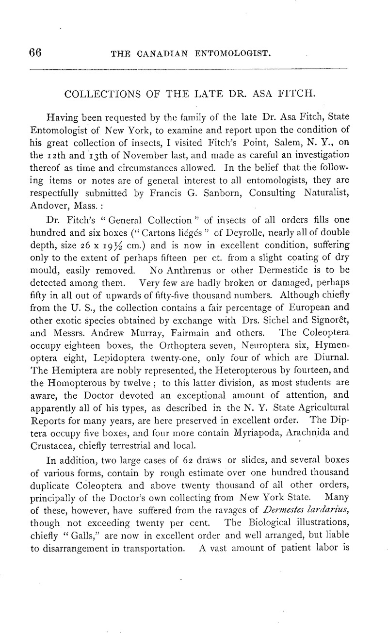 COLLECTIONS OF THE LATE DR. ASA FITCH | The Canadian Entomologist ...