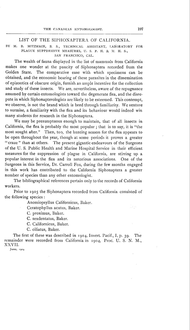 LIST OF THE SIPHONAPTERA OF CALIFORNIA | The Canadian Entomologist ...