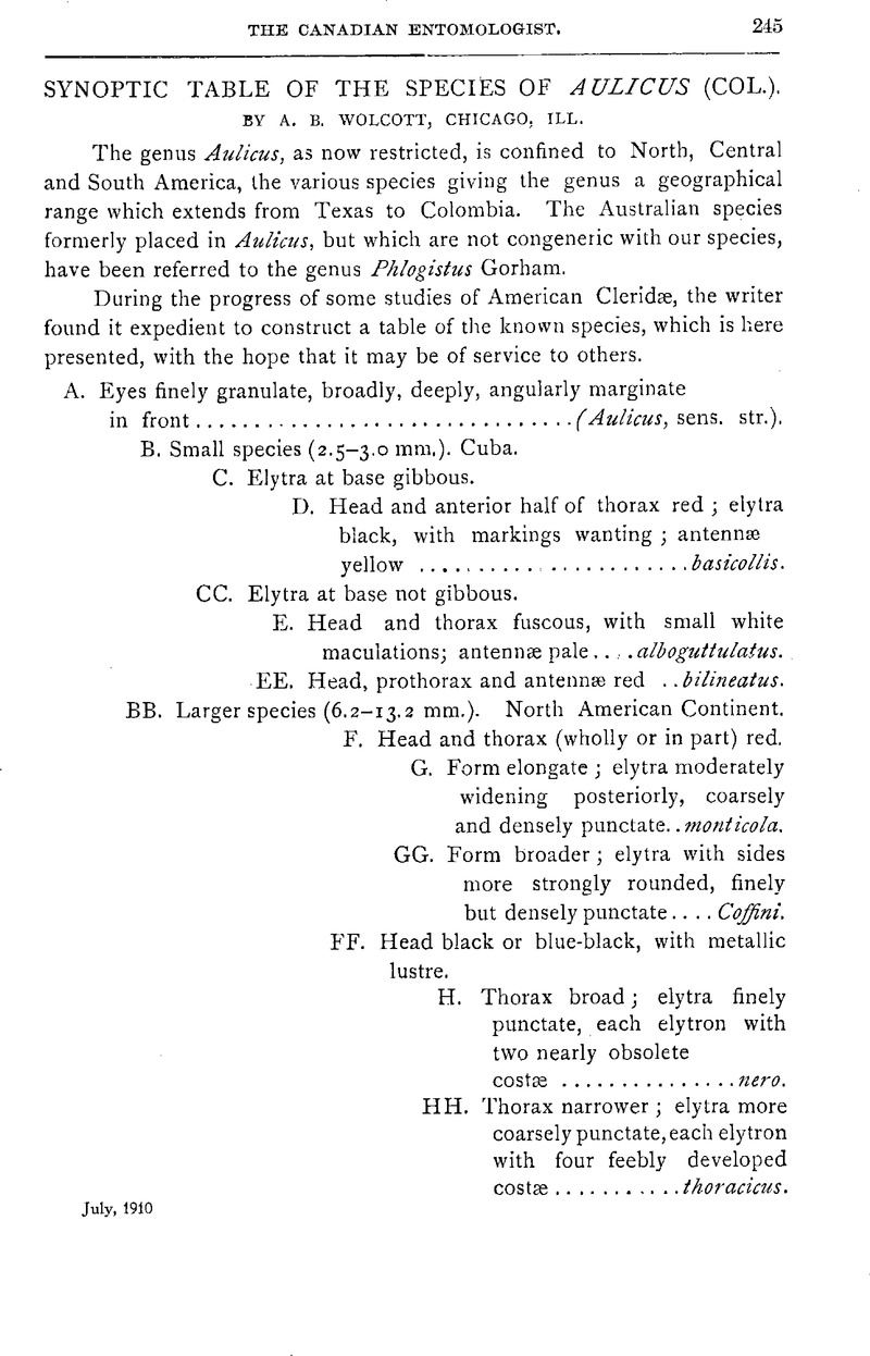 SYNOPTIC TABLE OF THE SPECIES OF AULICUS (COL.) | The Canadian ...