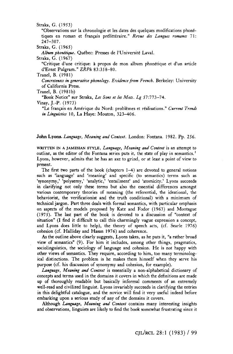 John Lyons. Language, Meaning and Context. London: Fontana. 1982. Pp ...