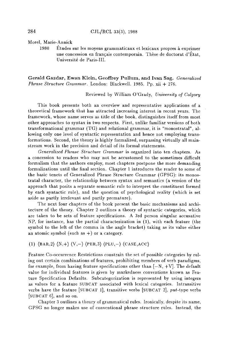 Gerald Gazdar, Ewan Klein, Geoffrey Pullum, and Ivan Sag. Generalized ...