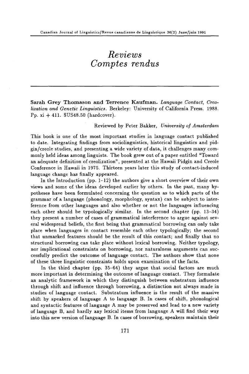 Sarah Grey Thomason and Terrence Kaufman. Language Contact ...