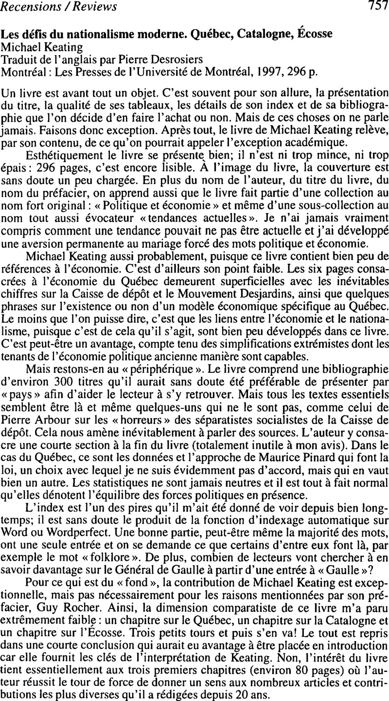 Les défis du nationalisme moderne. Québec, Catalogne, ÉcosseMichael ...