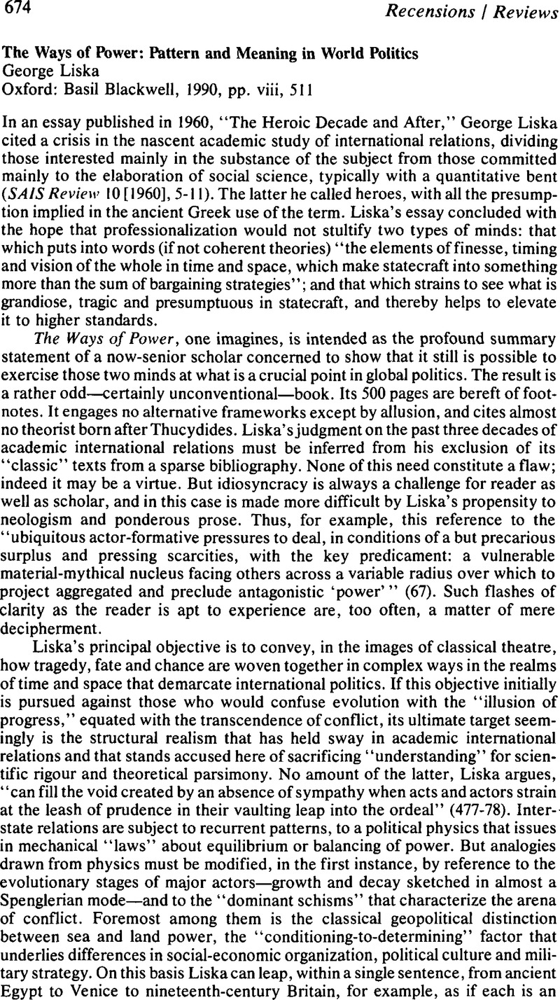 The Ways of Power: Pattern and Meaning in World PoliticsGeorge Liska ...