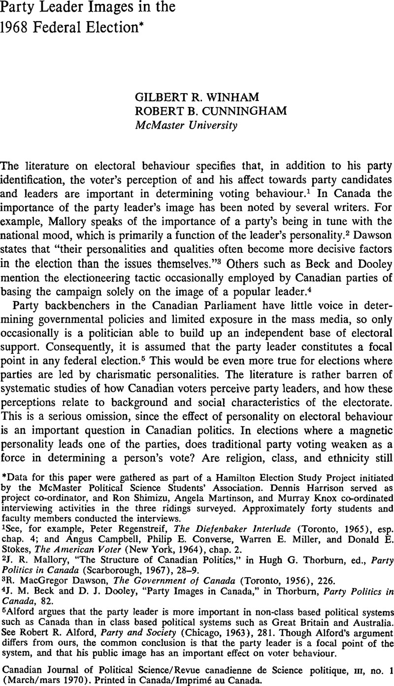 Party Leader Images in the 1968 Federal Election* | Canadian Journal of ...