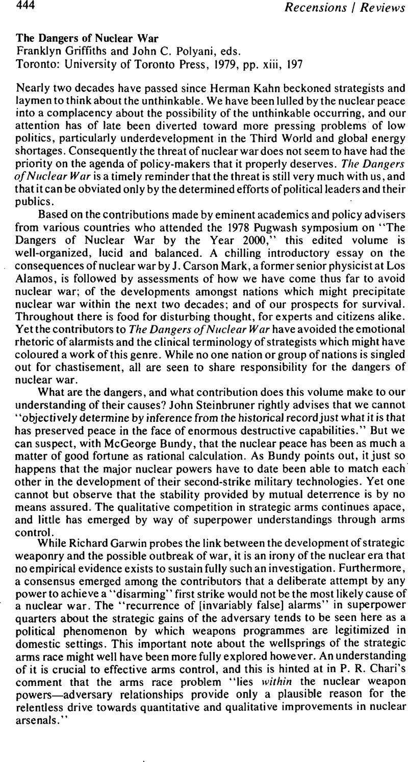 The Dangers of Nuclear WarFranklyn Griffiths and John C. Polyani, eds ...