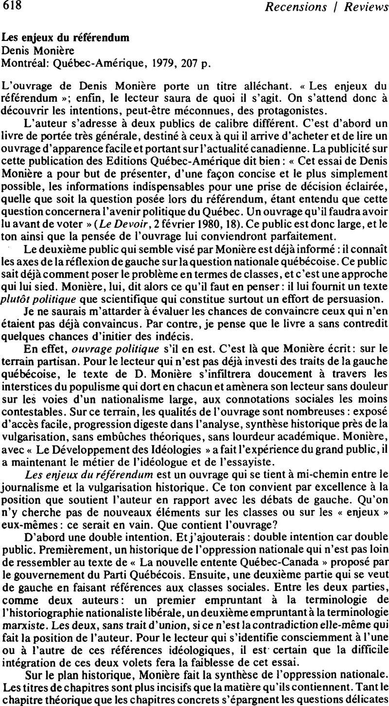 Les enjeux du référendumDenis Monière Montréal: Québec-Amérique, 1979 ...