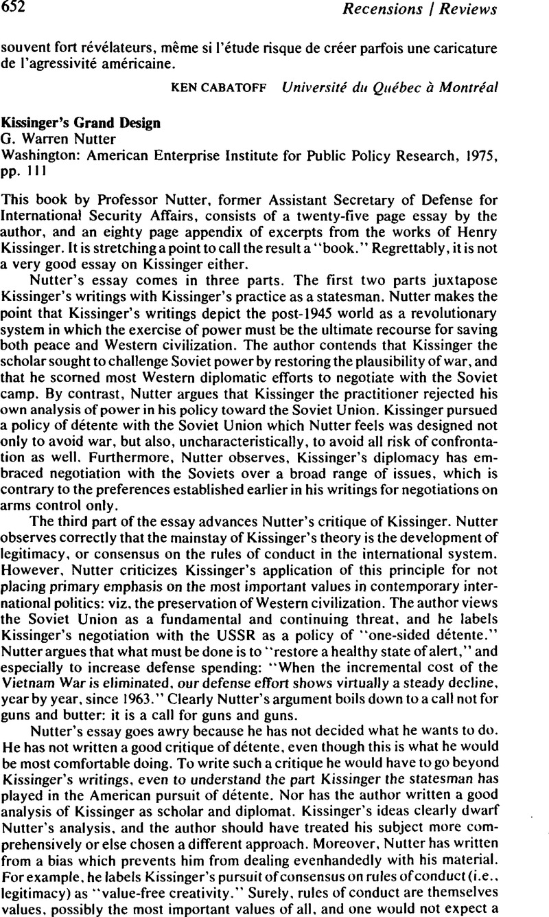 Kissinger's Grand DesignG. Warren Nutter Washington: American ...