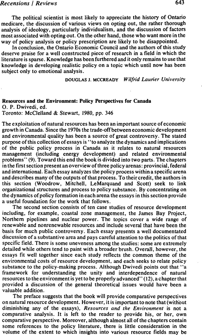 Resources and the Environment: Policy Perspectives for CanadaO. P ...