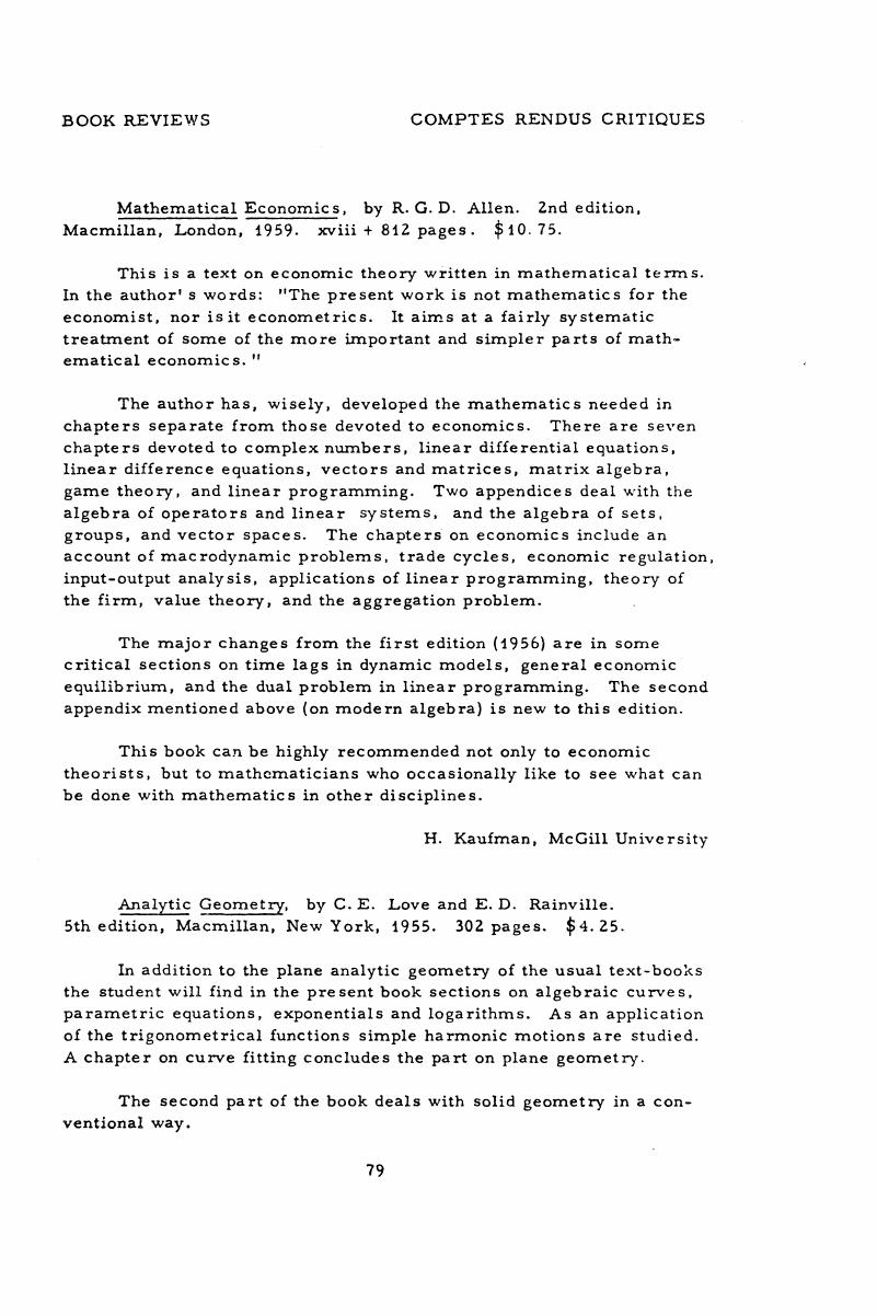 Mathematical Economics, by R. G. D. Allen. 2nd edition, Macmillan ...
