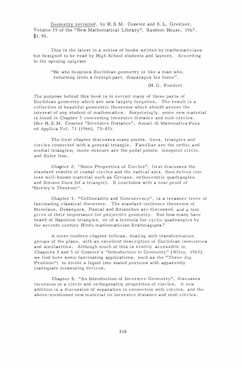 Geometry revisited, by H. S. M. Coxeter and S. L. Greitzer. Volume 19 ...