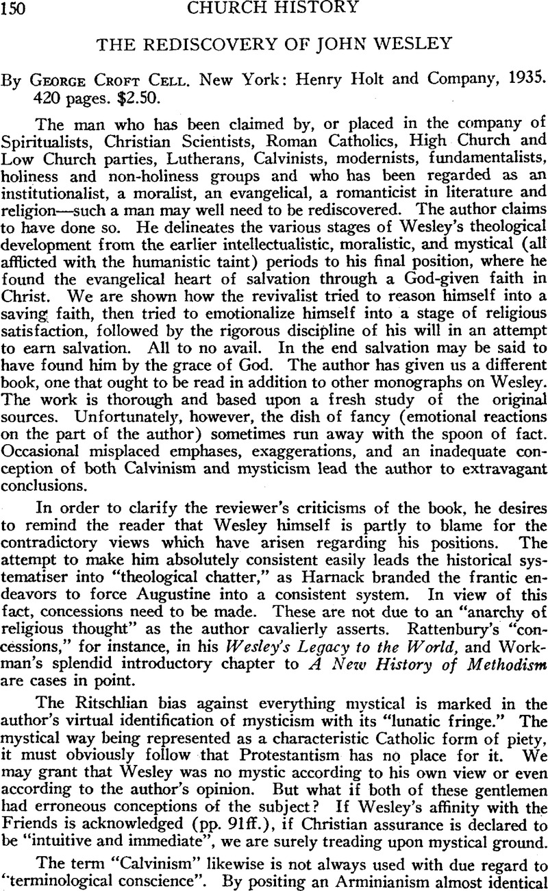 THE REDISCOVERY OF JOHN WESLEY. By George Croft Cell. New York: Henry ...