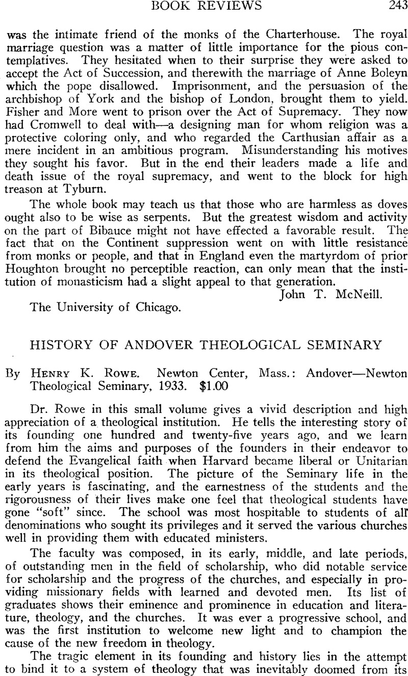 HISTORY OF ANDOVER THEOLOGICAL SEMINARY By Henry K. Rowe. Newton Center ...