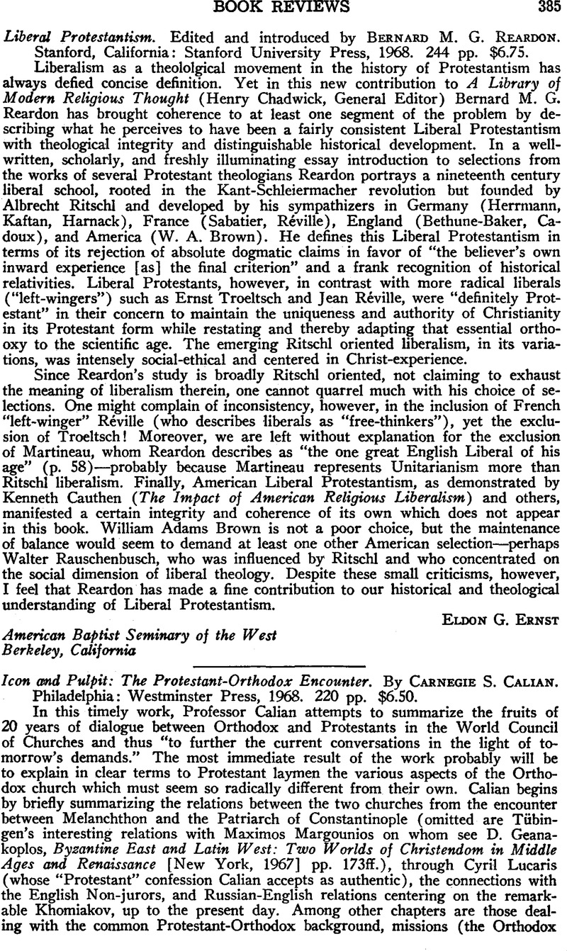 Liberal Protestantism. Edited and introduced by Bernard M. G. Reardon ...