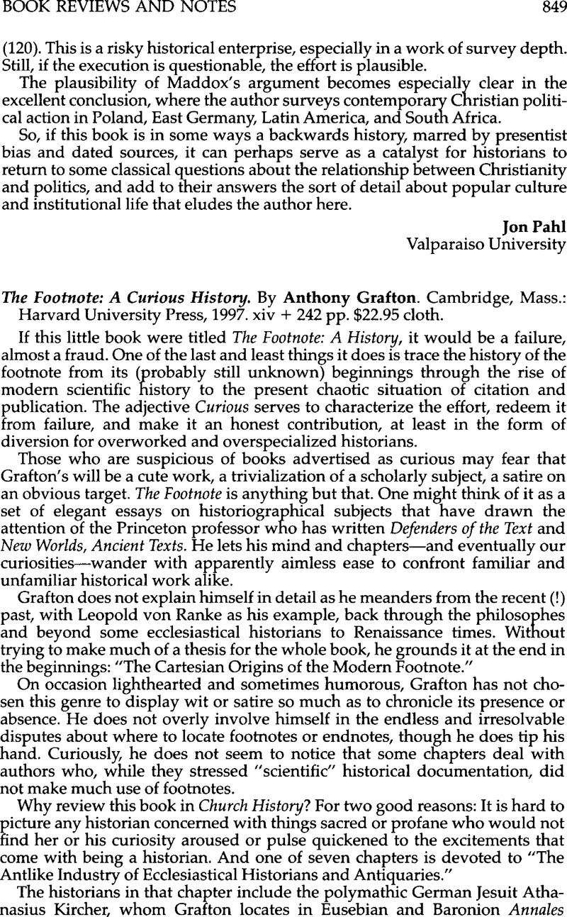 The Footnote: A Curious History. By Anthony Grafton. Cambridge, Mass ...
