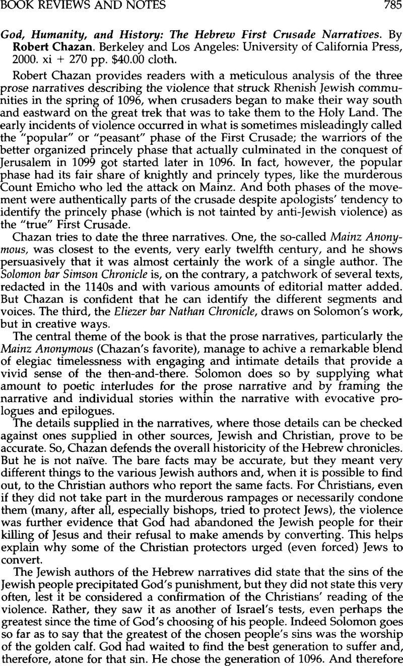 God, Humanity, and History: The Hebrew First Crusade Narratives. By ...