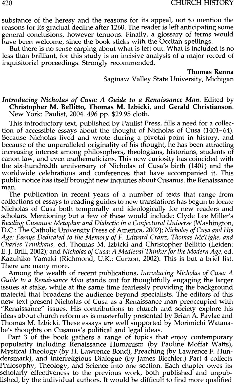 Introducing Nicholas of Cusa: A Guide to a Renaissance Man. Edited by ...