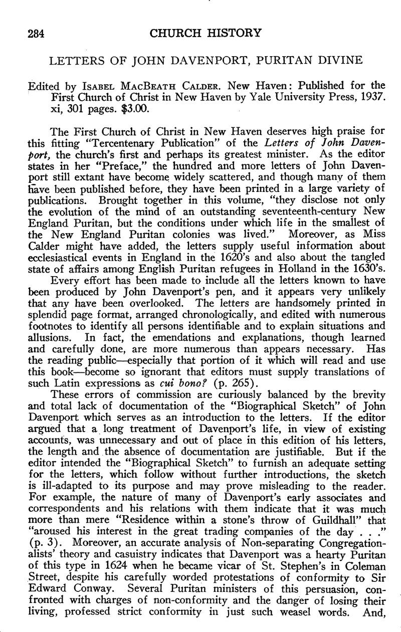 Letters of John Davenport, Puritan Divine Edited by Isabel MacBeath ...