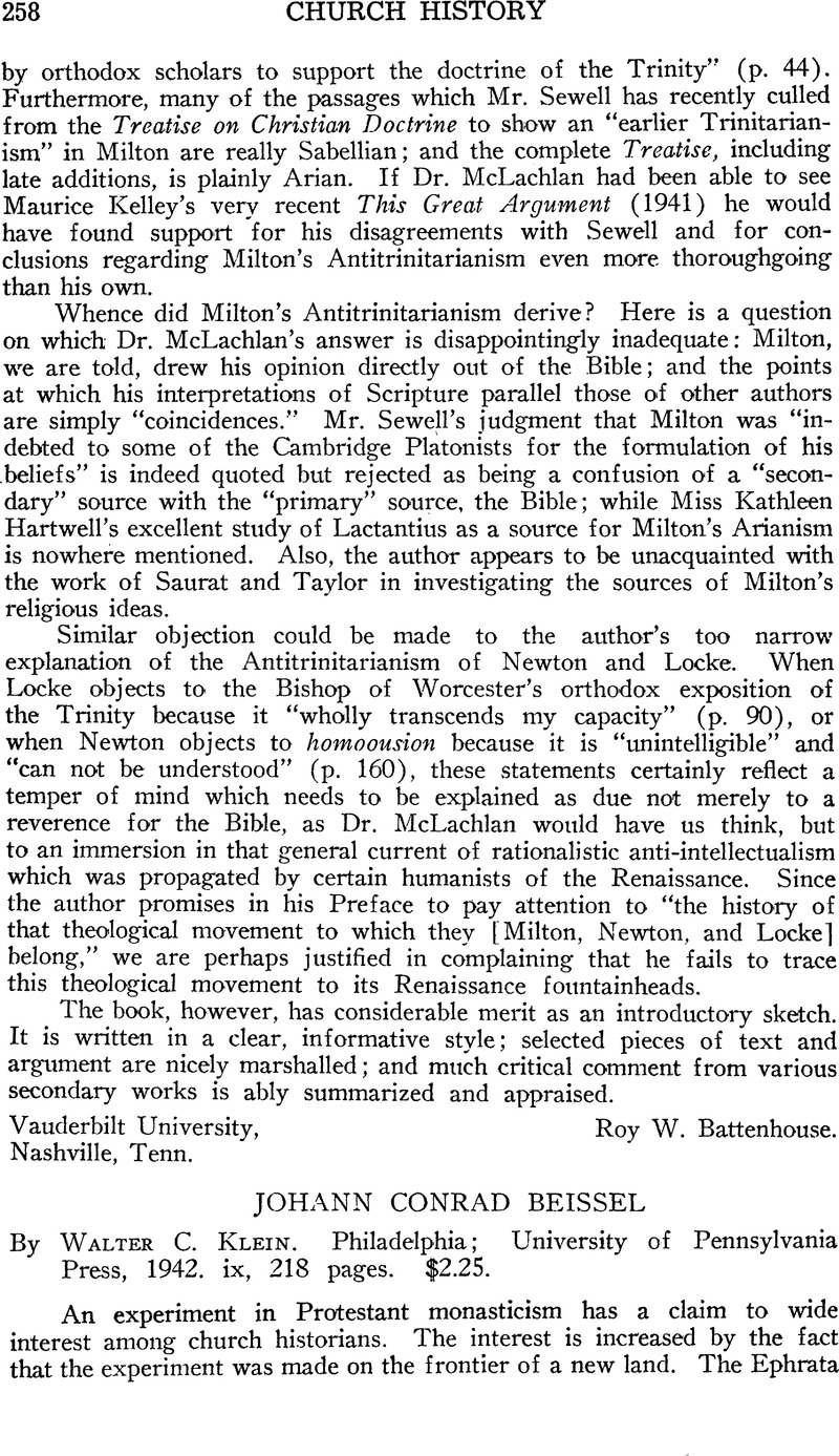 Johann Conrad Beissel By Walter C. Klein. Philadelphia; University of ...