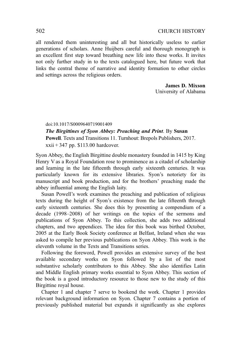 The Birgittines of Syon Abbey: Preaching and Print. By Susan Powell ...