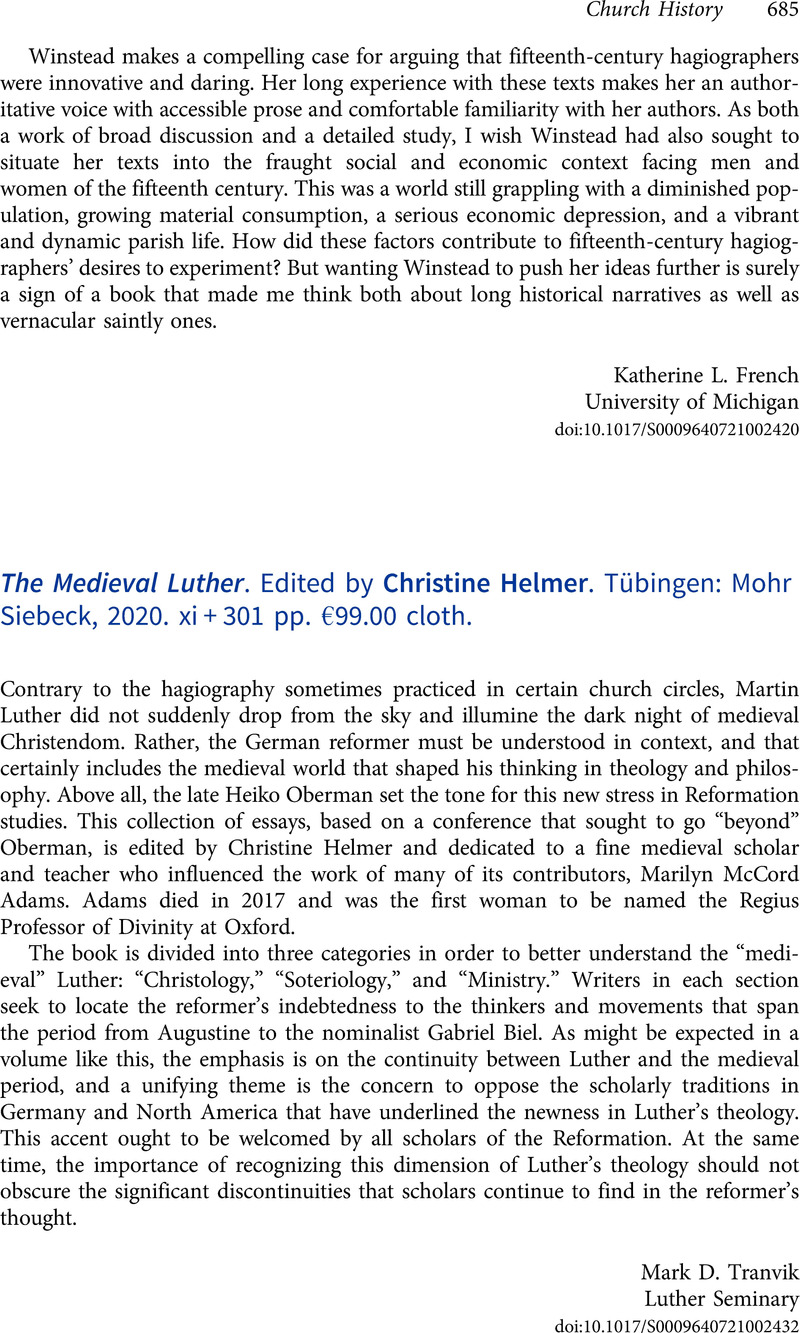 The Medieval Luther. Edited by Christine Helmer. Tübingen: Mohr Siebeck ...
