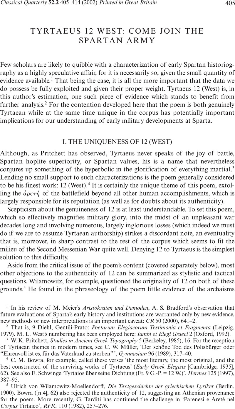 Tyrtaeus 12 West: come join the Spartan Army | The Classical Quarterly | Cambridge Core