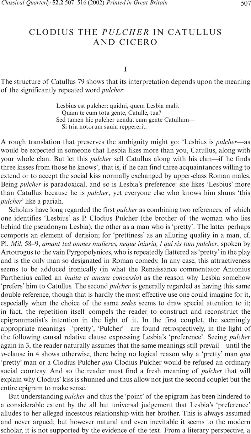 Clodius the Pulcher in Catullus and Cicero | The Classical Quarterly ...